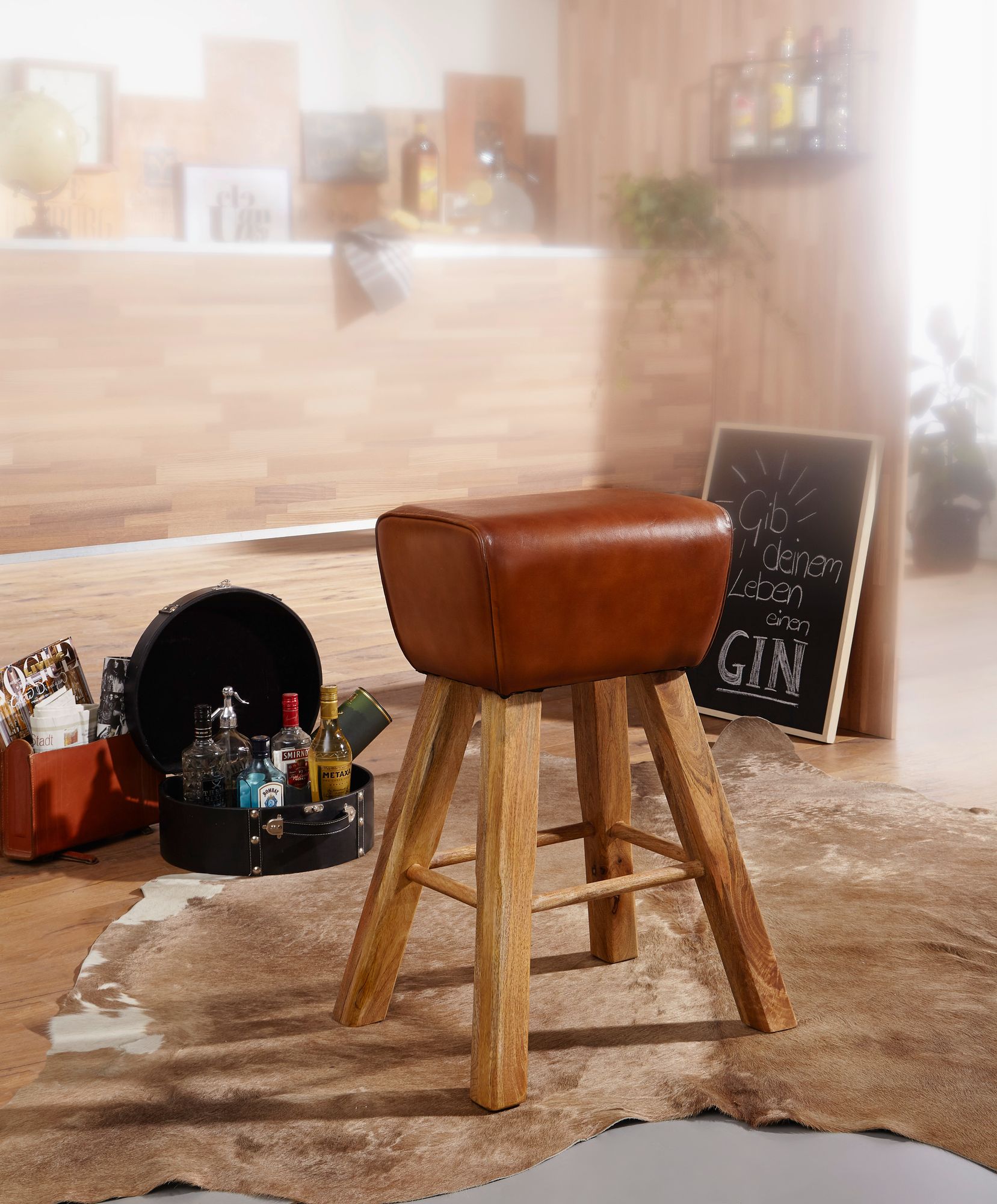 WOHNLING Barhocker Turnbock 43x75x43 cm Mango Massivholz / Echtleder