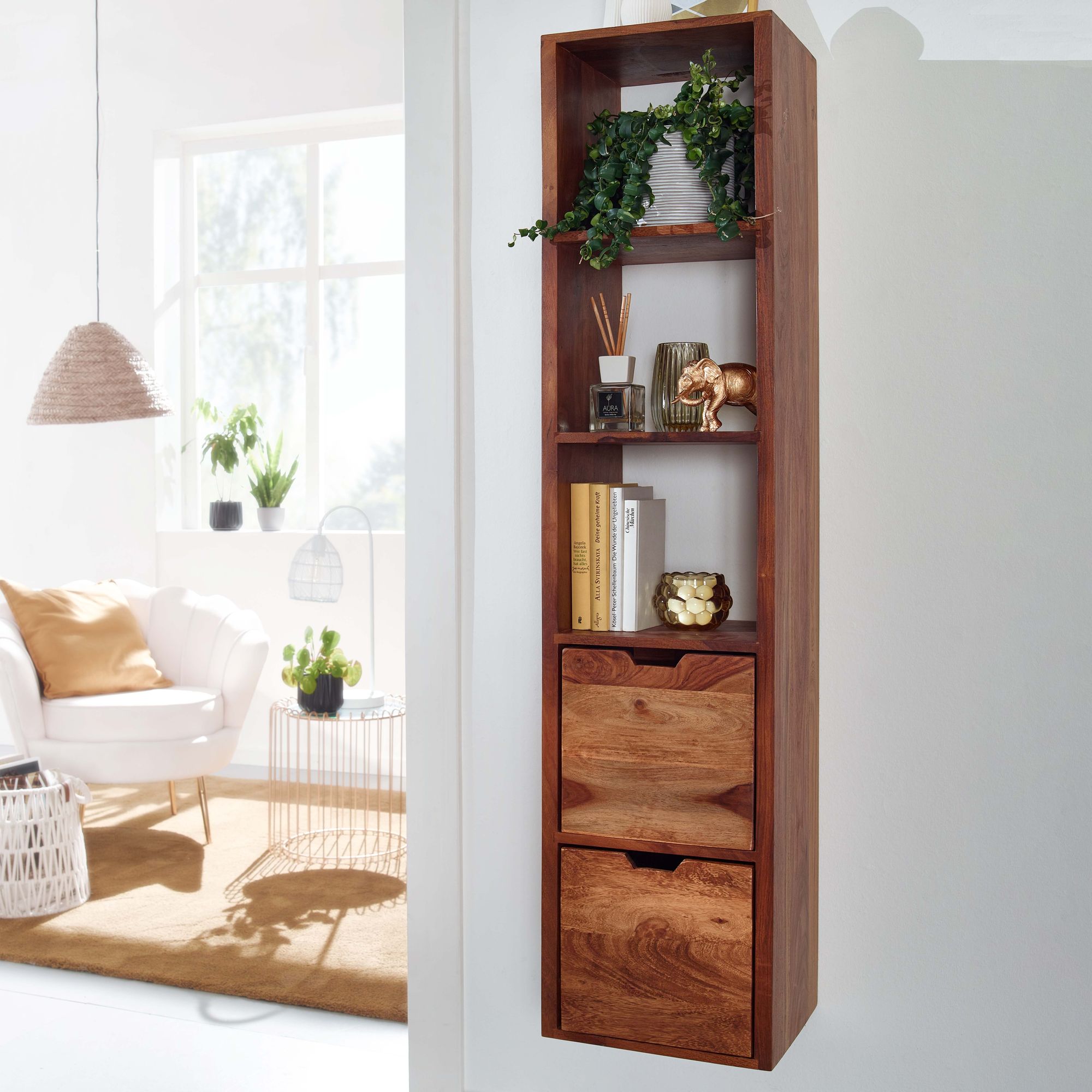 WOHNLING Wandregal mit Schubladen 35x150x30 cm Sheesham Massivholz ...