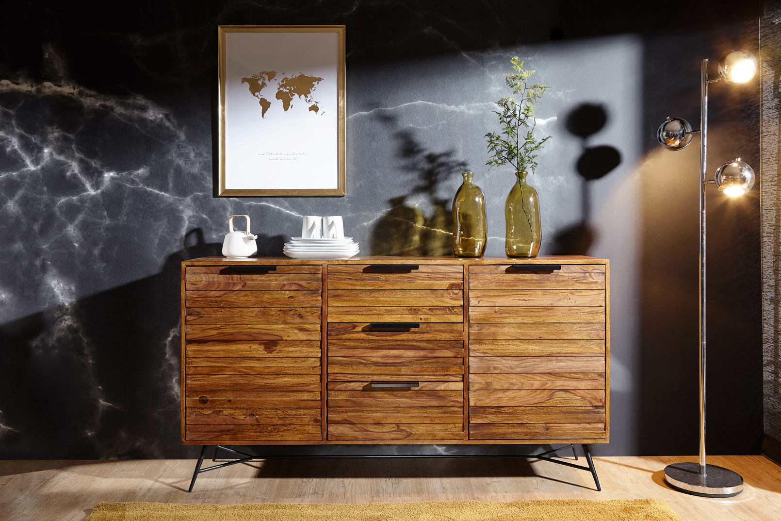 WOHNLING Design Sideboard NISHAN 160 x 40 x 88 cm Sheesham Massiv Holz