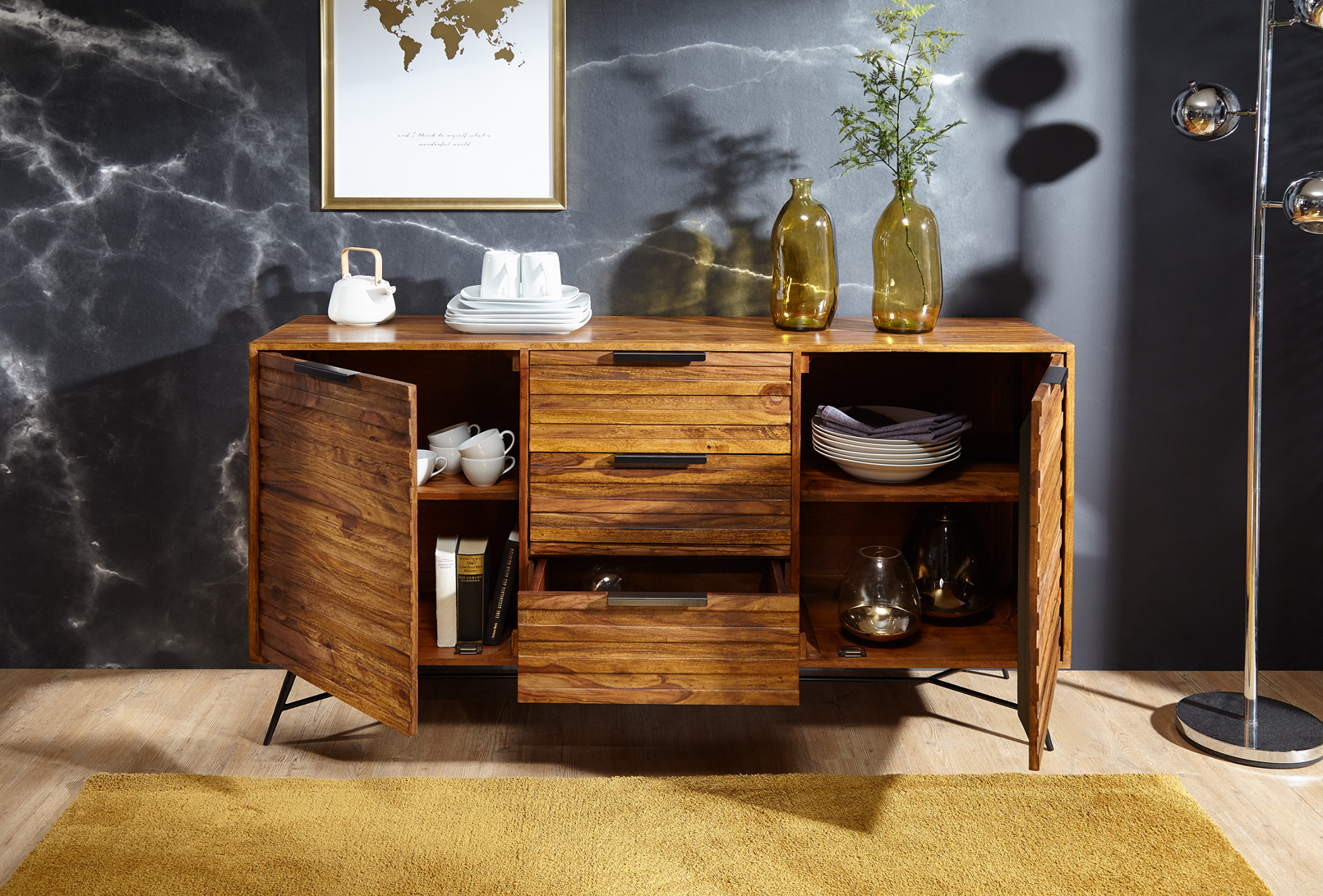 WOHNLING Design Sideboard NISHAN 160 x 40 x 88 cm Sheesham Massiv Holz
