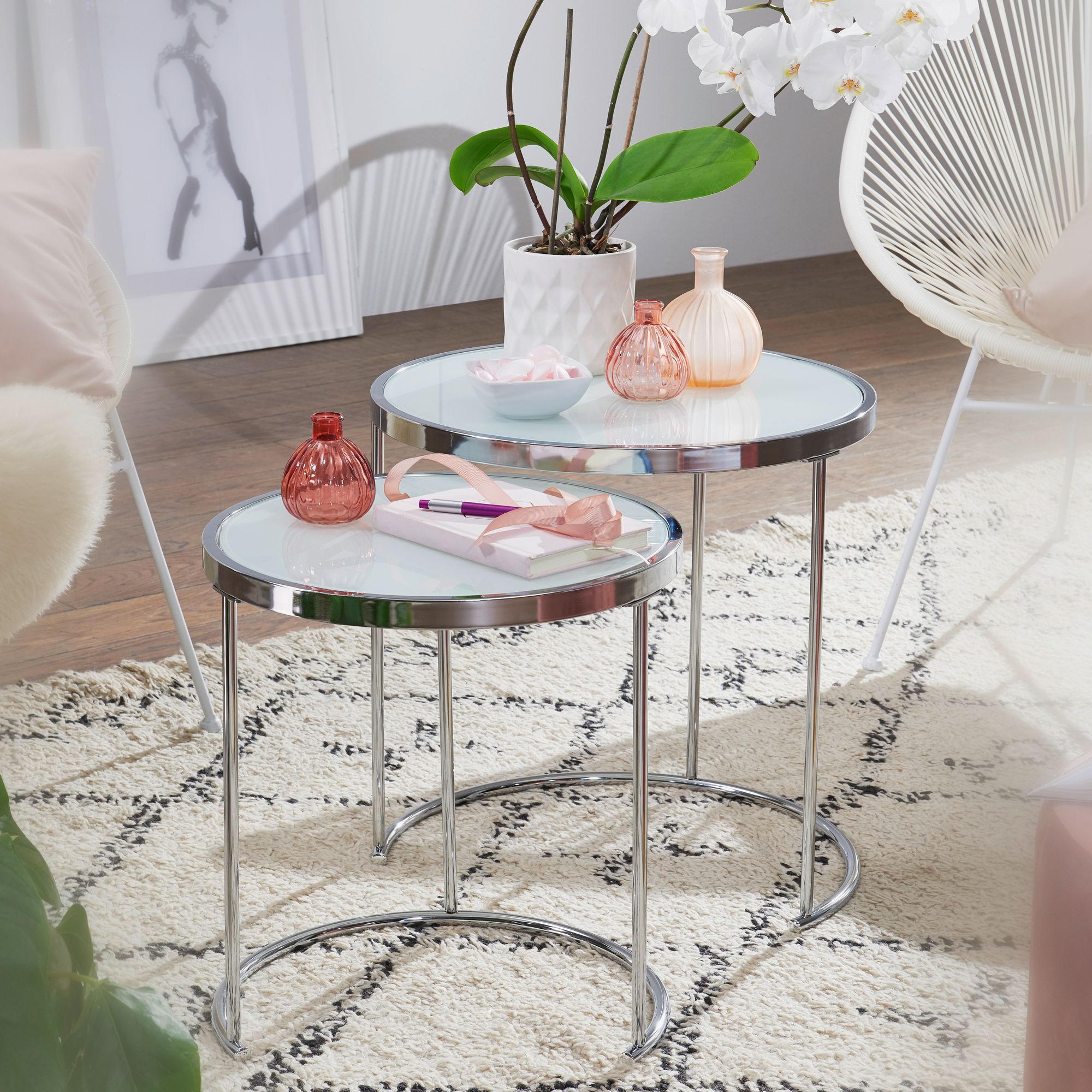 WOHNLING Design Beistelltisch Rund Ø 50/42 cm - 2 teilig Weiß Silber