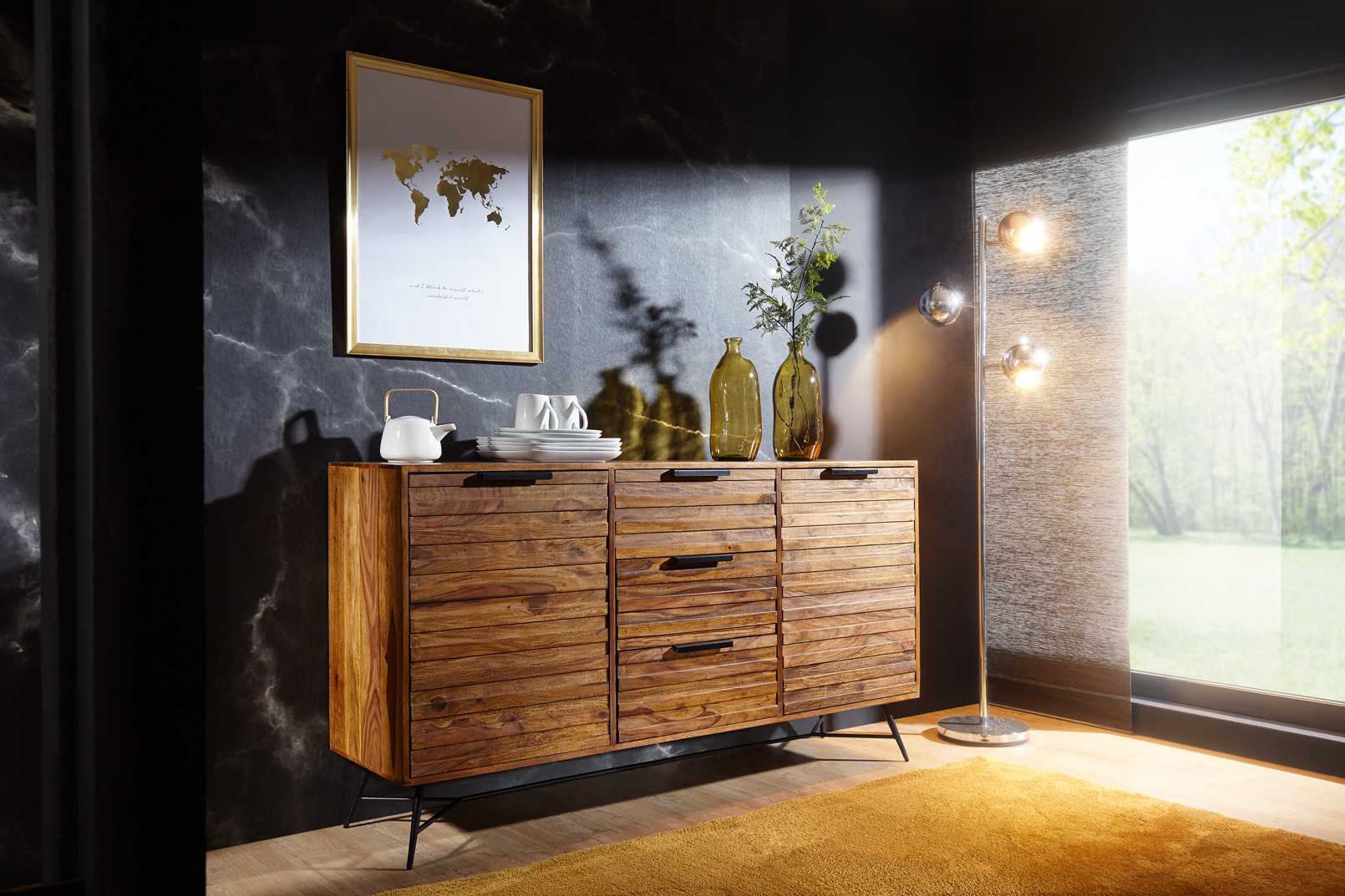 WOHNLING Design Sideboard NISHAN 160 x 40 x 88 cm Sheesham Massiv Holz