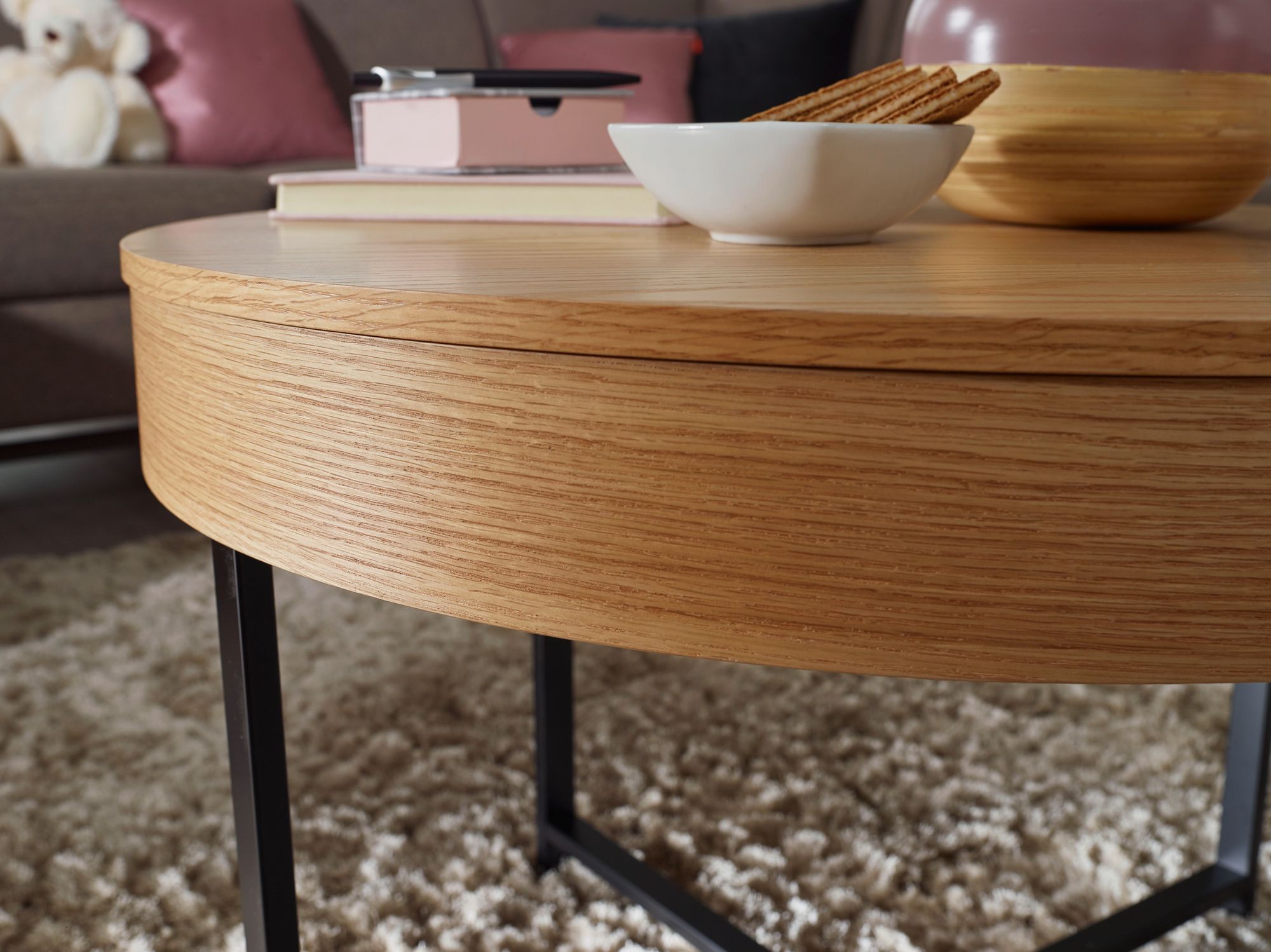 WOHNLING Design Couchtisch Rund 69 cm mit Eichen Optik Tisch mit Stauraum