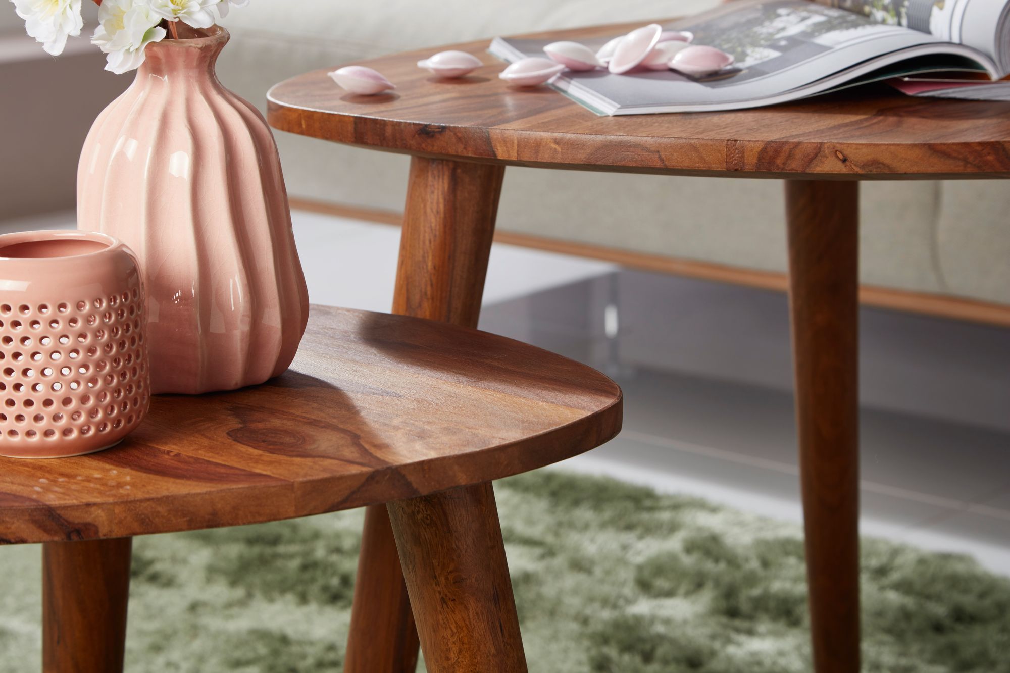 WOHNLING Design Satztisch Sheesham Massivholz Beistelltisch 2er Set Klein