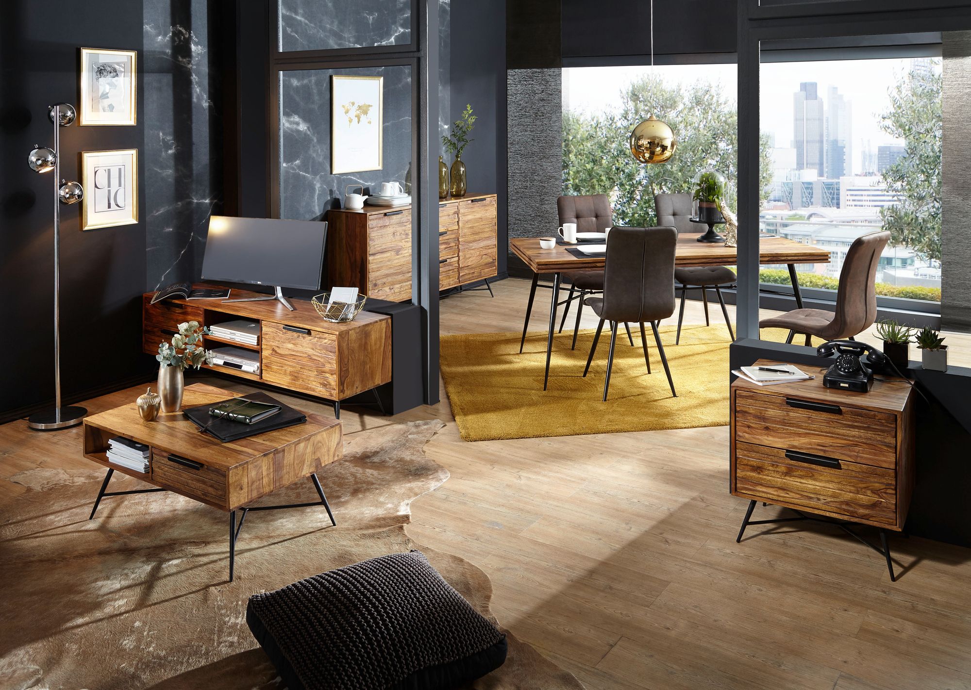 WOHNLING Design Sideboard NISHAN 160 x 40 x 88 cm Sheesham Massiv Holz